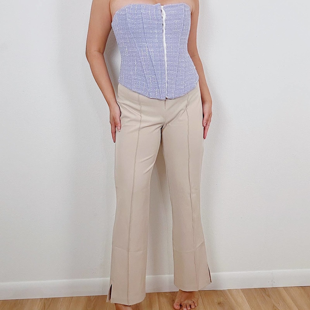 Y2k My Michelle Beige Contrast Stitch Slit Hem Straig… - Gem